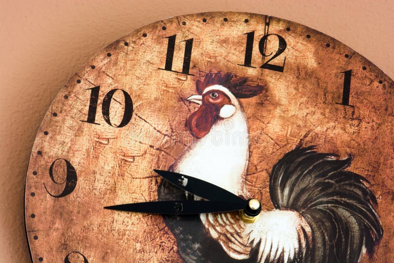 Wall Clock with a Rooster Theme Stock Photo - Image of scratched ...