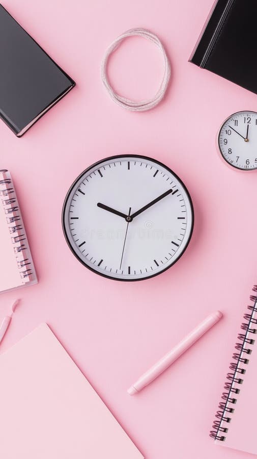 Wall Clock beside Study Materials, Notebooks, and Pen Resting on Soft ...
