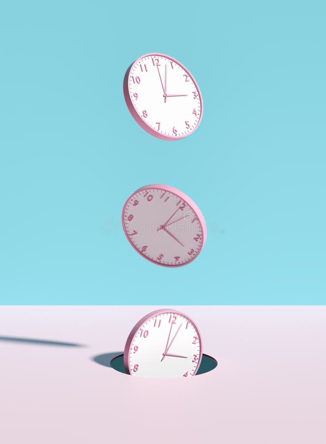 Wall Clocks Falling through a Hole on Pink and Blue Background Stock ...