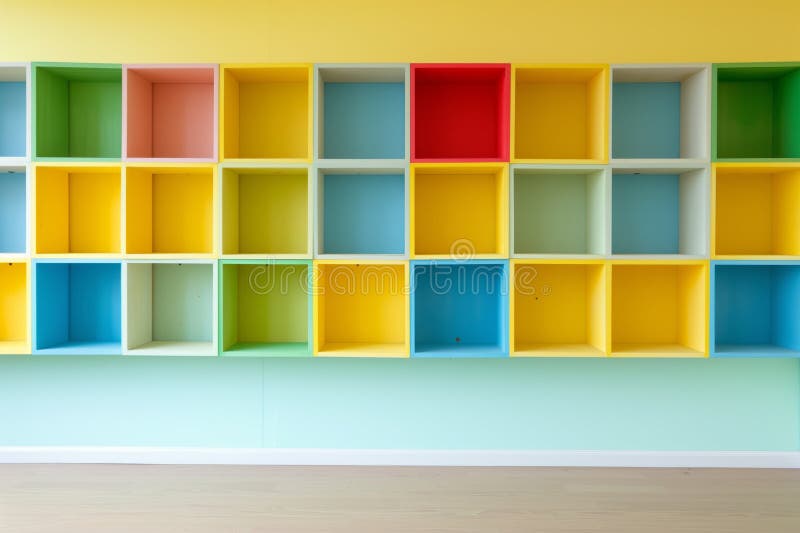 Wall with Colorful, Childheight Cubbies All Empty Stock Photo - Image ...