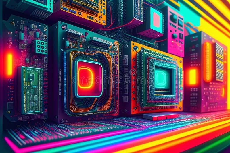 A Wall of Colorful Neon Lights and a Display of Electronics Stock ...