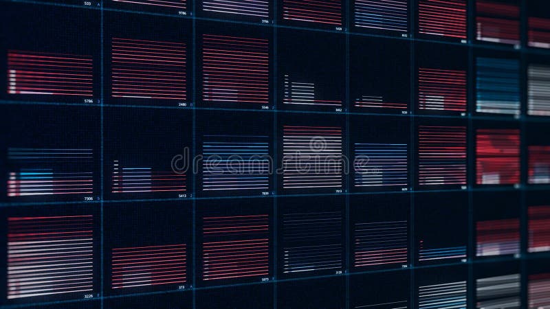 A Wall of Colorful Short Moving Bars of Narrow Lines on Black ...