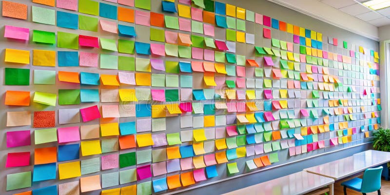 A Wall of Colorful Sticky Notes in a Room with a Desk and Chair Stock ...