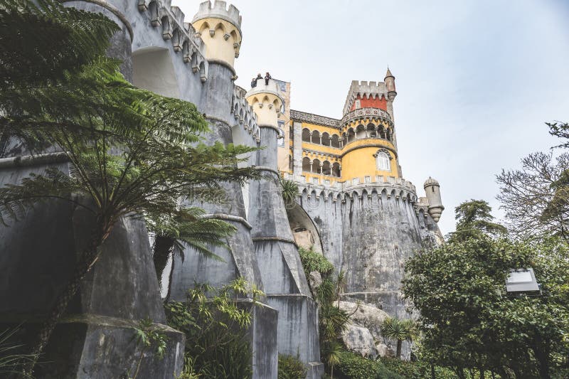 Wall with Columns and Arched Windows in a Palace or Castle with Palm ...
