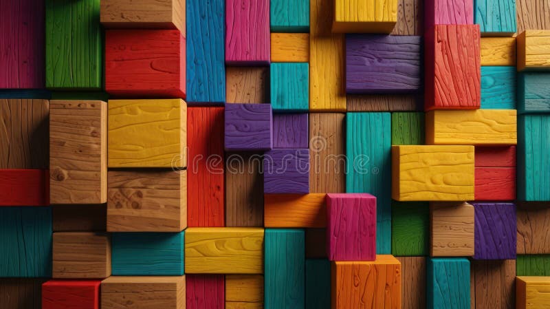 A Wall Composed of Rectangular Wooden Blocks in Various Vibrant Colors ...