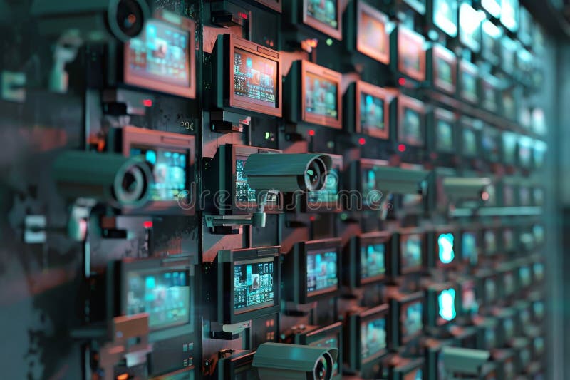 A Wall of Computer Monitors with a Lot of Cameras on Them with ...