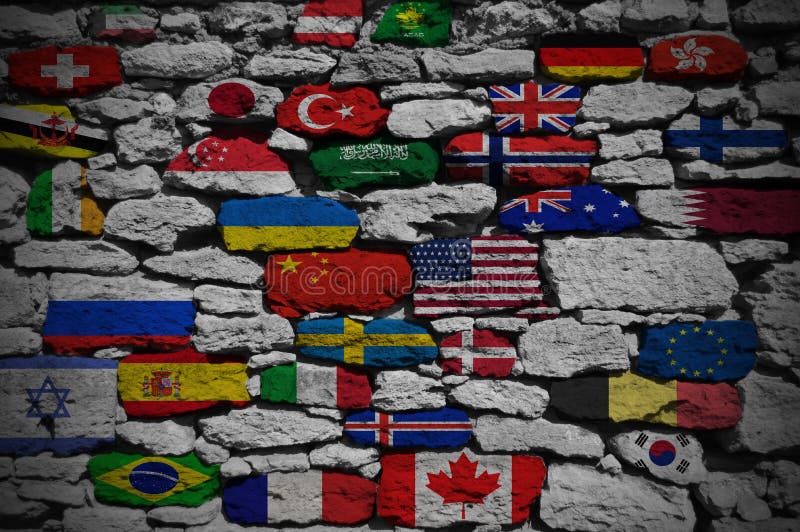 Wall Consisting of Stones Painted in Different Flags of the World Stock ...