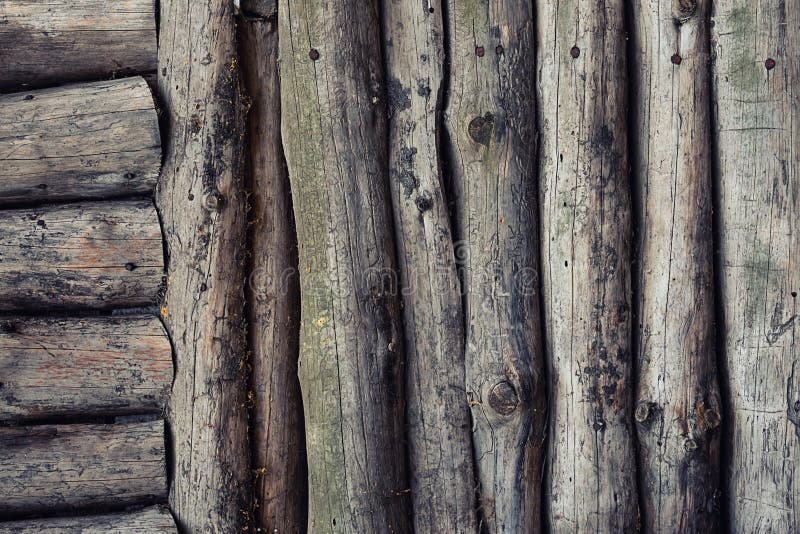 The Wall Consists of Logs Vertical Horizontal Trunks. Wooden Ribbed ...