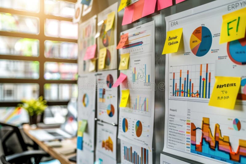 A Wall Covered in Colorful Graphs and Charts with Sticky Notes on Them ...