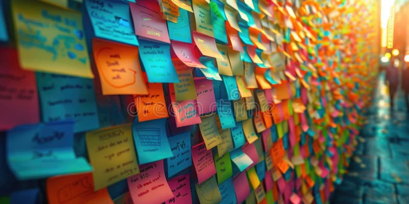 A Wall Covered in Colorful Post it Notes with Sunlight Shining on Them ...