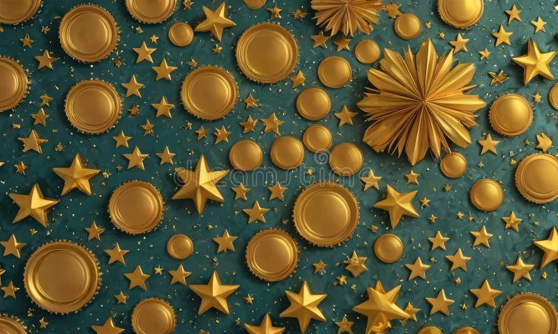 A Wall is Covered with a Gold Star Pattern and Gold Plates. the Wall is ...