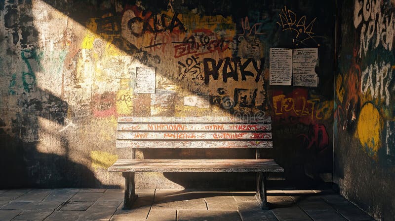 A Wall Covered in Graffiti with an Isolated and Desolate Bench Bathed ...