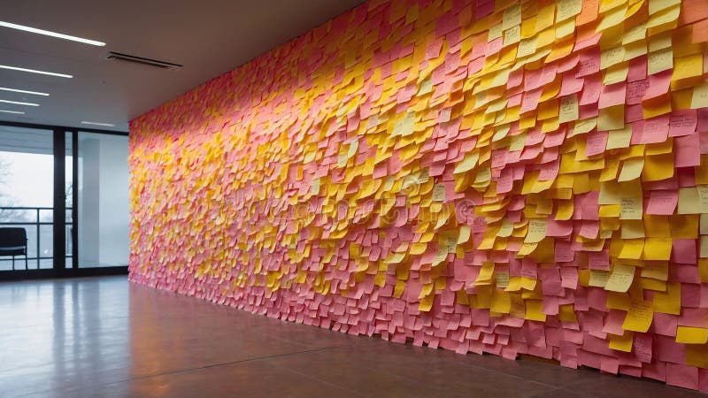 Wall Covered in Pink and Yellow Sticky Notes in an Office with a Single ...