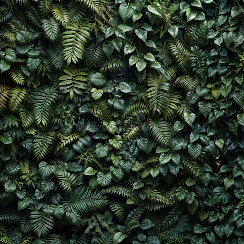A Wall Covered in Various Types of Ferns and Green Leaves, Creating a ...