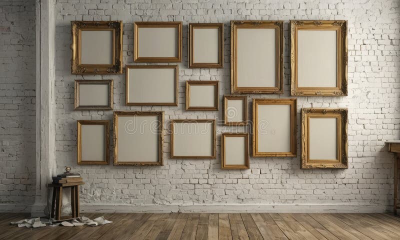 A Wall is Decorated with a Bunch of Frames, Including Some with White ...