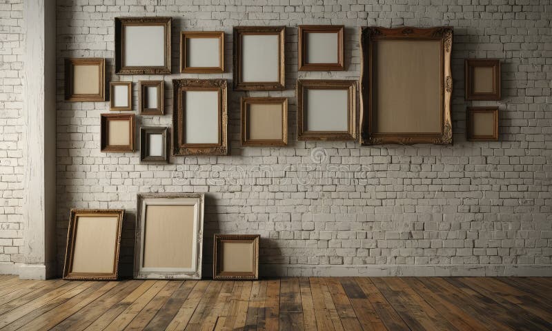A Wall is Decorated with Many Frames, Including Some with White Borders ...
