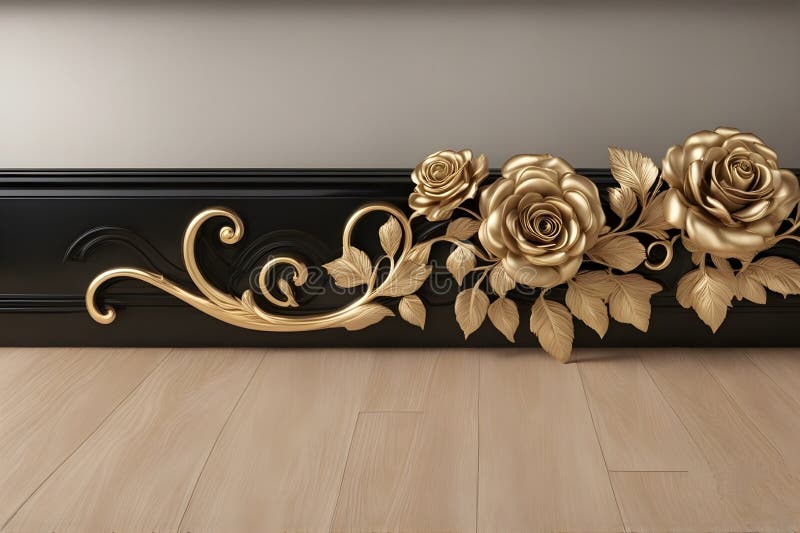 Wall Decoration Black and Gold Roses 3d Render Stock Illustration ...