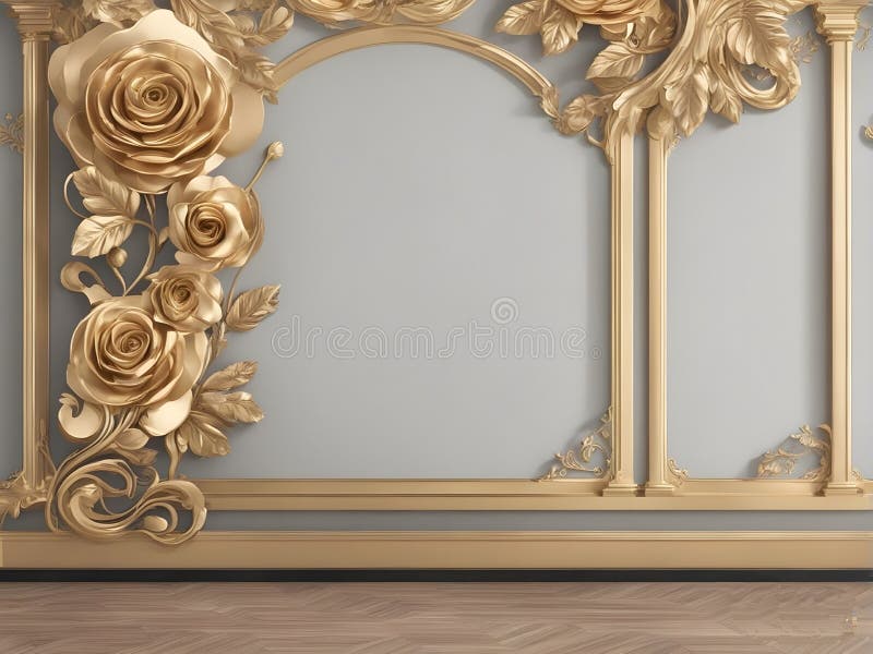 Wall Design Interior Render Flowers Golden Frame Stock Illustration ...