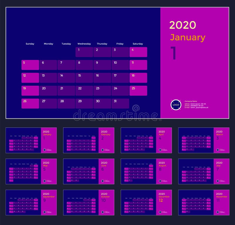 Wall or Desk Monthly Calendar for Year 2020. Vector Design Template ...