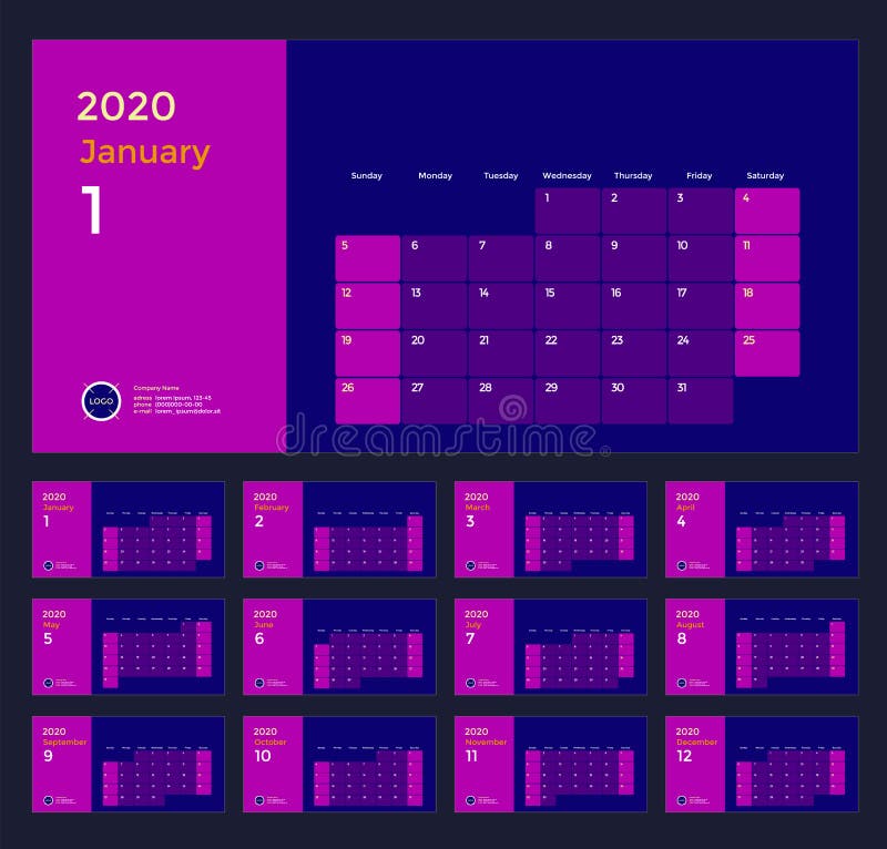 Wall or Desk Monthly Calendar for Year 2020. Vector Design Template ...
