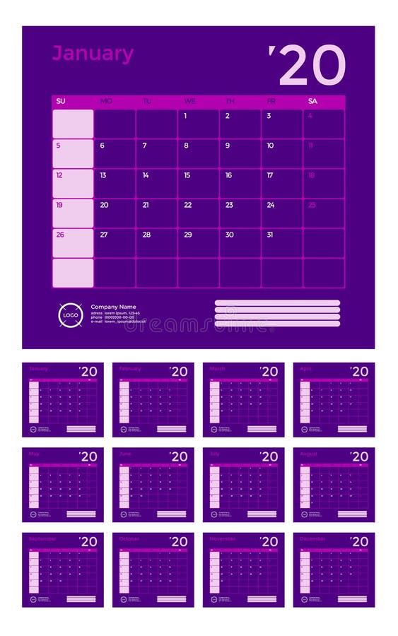 Wall or Desk Monthly Calendar for Year 2020. Vector Design Template ...