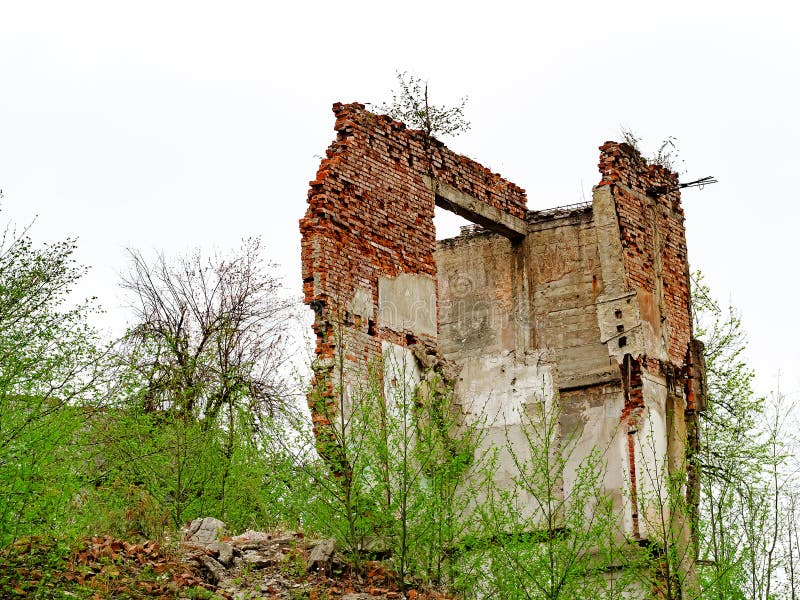 Wall of a Destroyed Brick Building on a Cloudy Day. Fragment of the ...