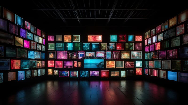 Wall of Different Size TV with Glowing Screens. Generative Ai Stock ...