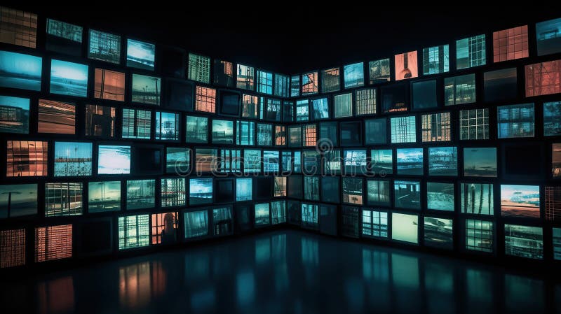 Wall of Different Size TV with Glowing Screens. Generative Ai Stock ...