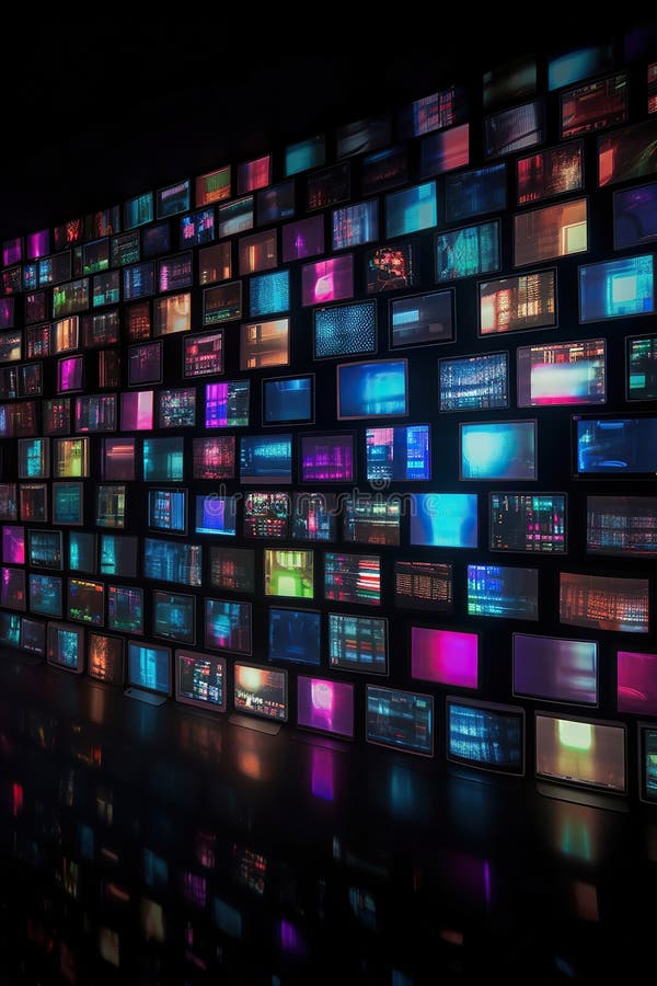 Wall of Different Size TV with Glowing Screens. Generative Ai Stock ...