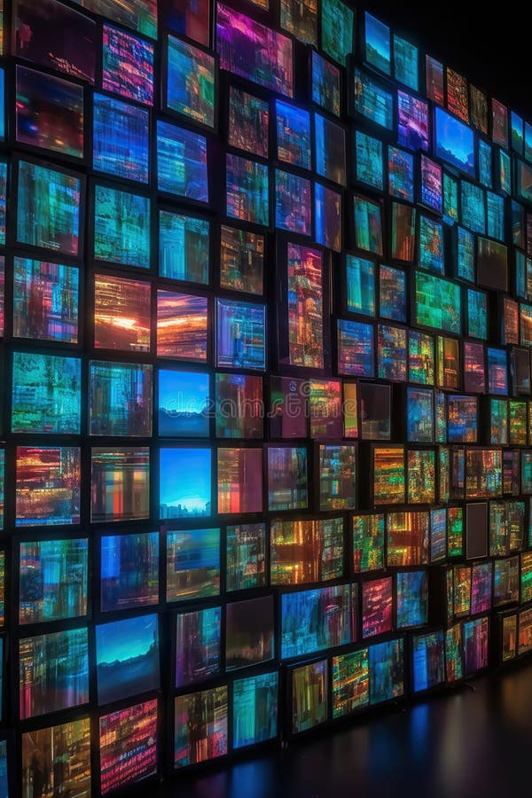 Wall of Different Size TV with Glowing Screens. Generative Ai Stock ...