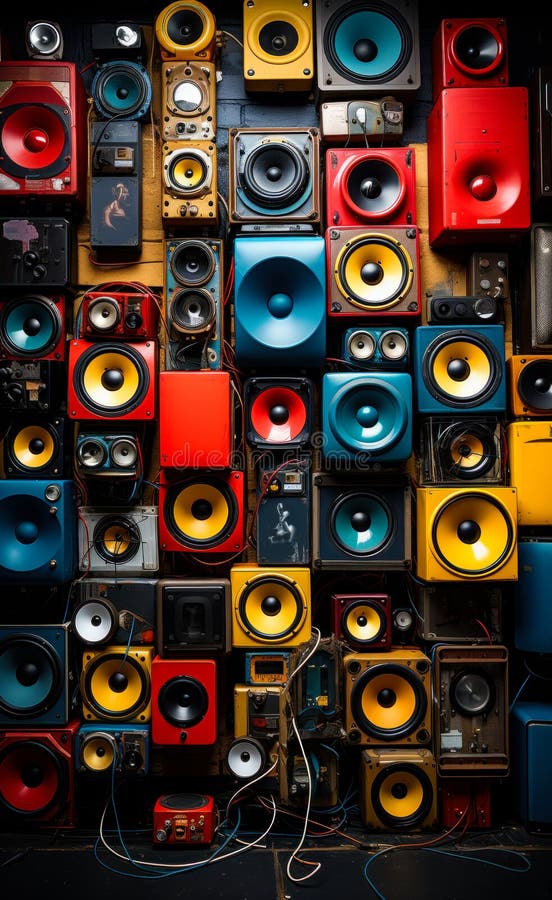 A Wall of Different Types of Speakers. a Bunch of Different Colored ...