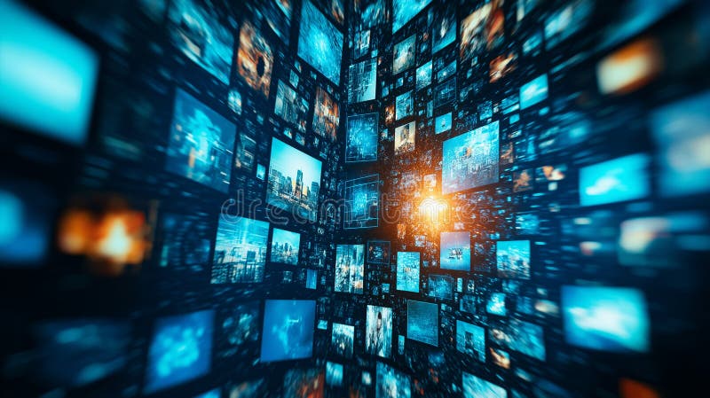 Wall of Digital Screens Displaying Various Images in Vibrant Futuristic ...