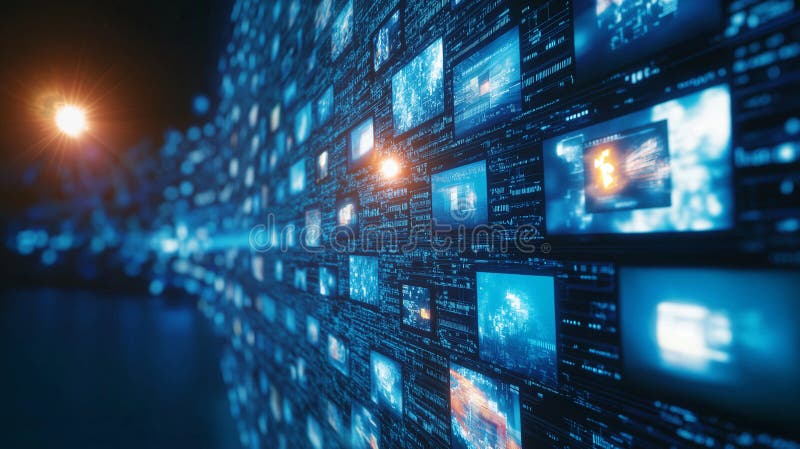 Wall of Digital Screens Displays Various Images and Data Creating ...