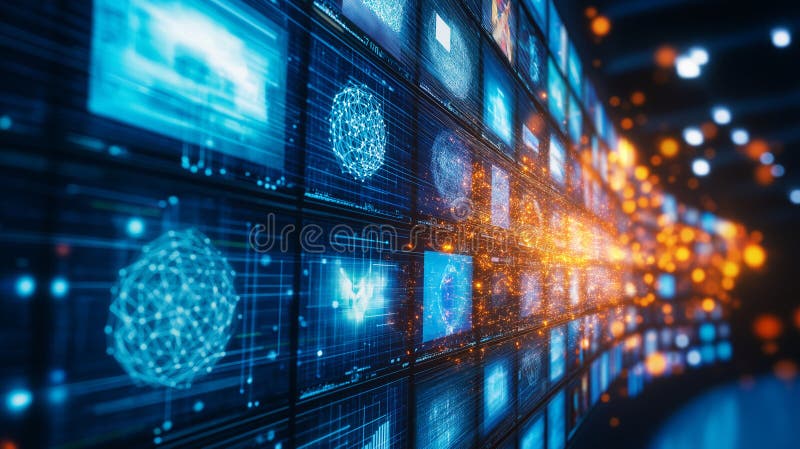 Wall of Digital Screens Displays Various Technological Visuals Creating ...