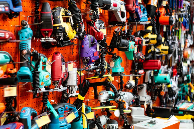 Wall Display of Various Power Tools in a Hardware Store Stock Photo ...