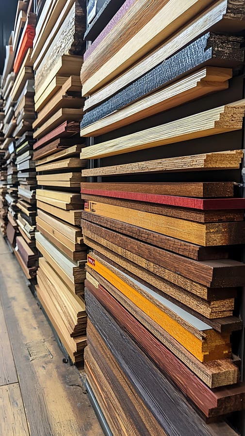 A Wall Displaying Numerous Different Wood Samples in a Hardware Store ...