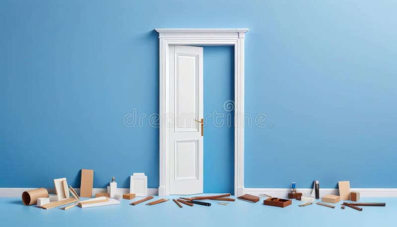 On Wall Door Background Door Wall Copy Closed Blue Copy Space White ...