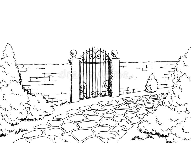 Wall Fence Gate Landscape Graphic Black White Sketch Illustration Stock ...