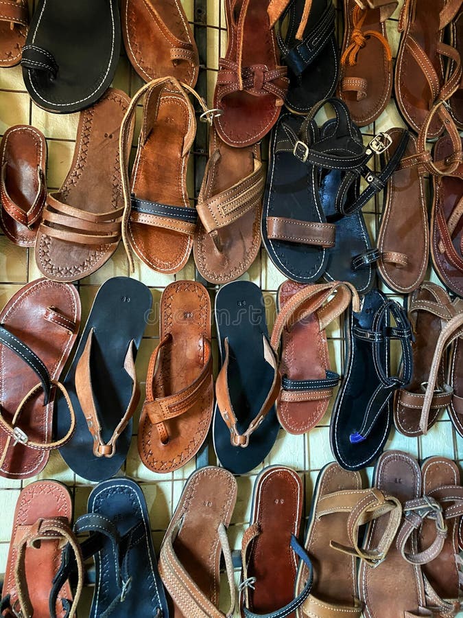 Wall of Finished Sandals in African Shoe-maker`s Workshop Stock Image ...