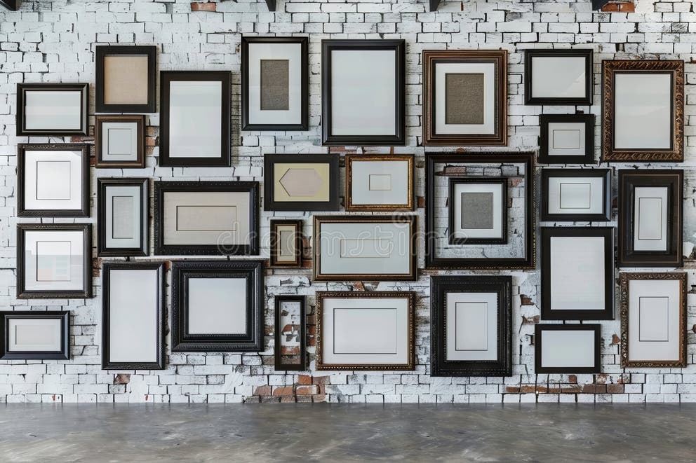 A Wall of Frames with Bricks on it Stock Photo - Image of frames, white ...