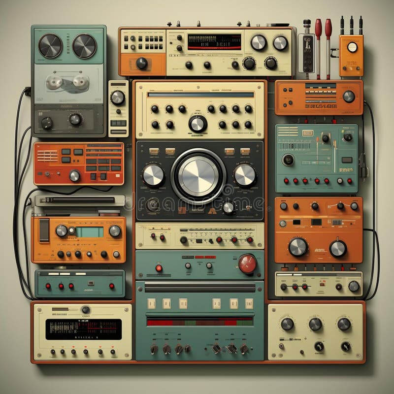 A Wall Full of Different Types of Radio Machines and Speakers Stock ...