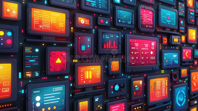A Wall of Futuristic Digital Screens with Different Data Visualizations and Interfaces Stock ...