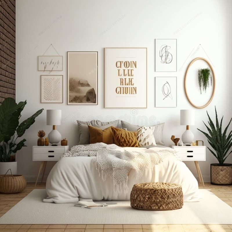 Wall Gallery Mockup in Cozy Bedroom Ai Generative Stock Illustration ...