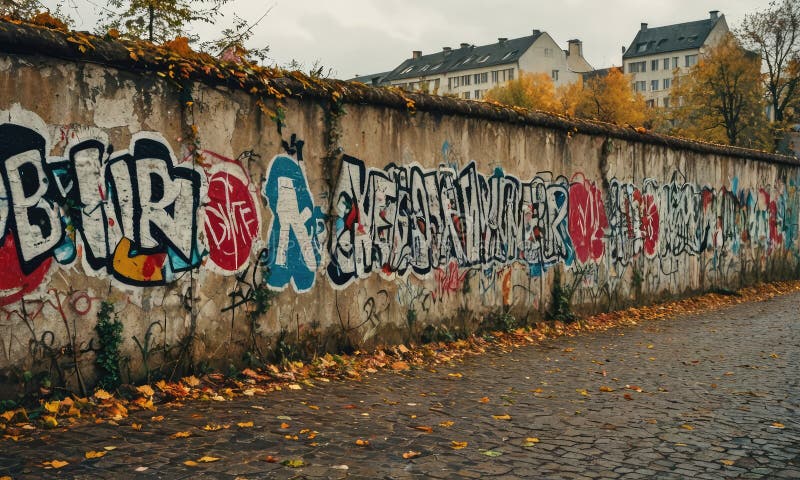 A Wall with Graffiti on it is the Backdrop for a Road with Leaves on it ...