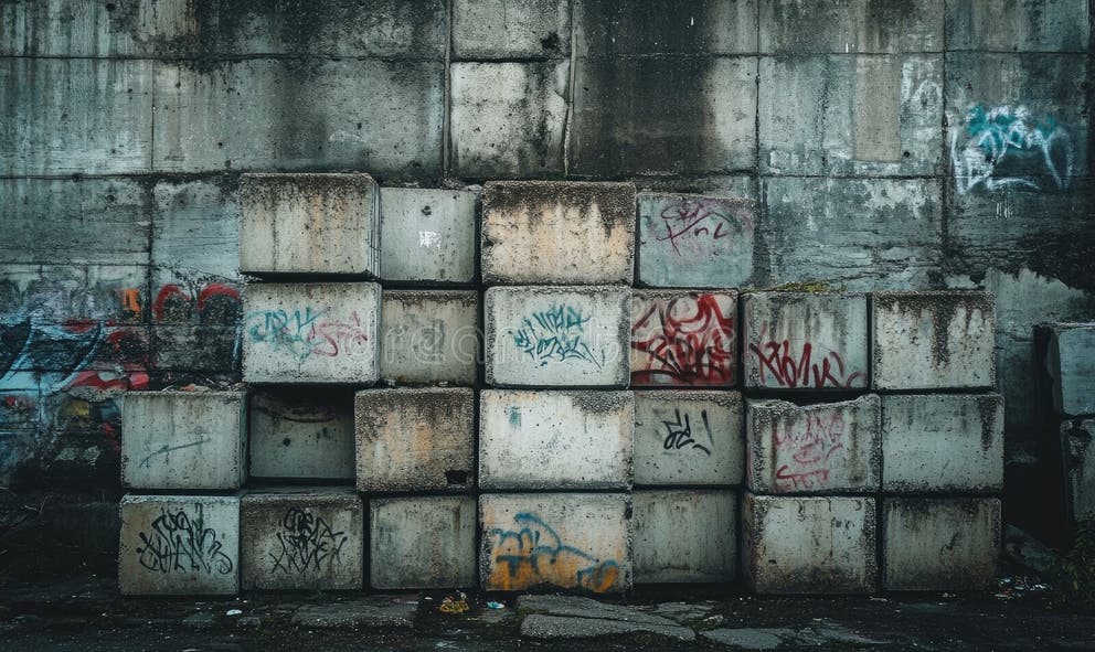 A Wall with Graffiti on it and a Stack of Cement Blocks Stock Image - Image of urban, graffiti ...