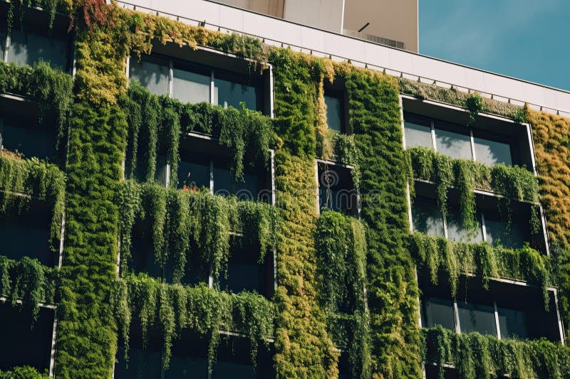 Wall of High-rise Building Fully Covered with Plants. Sustainability ...