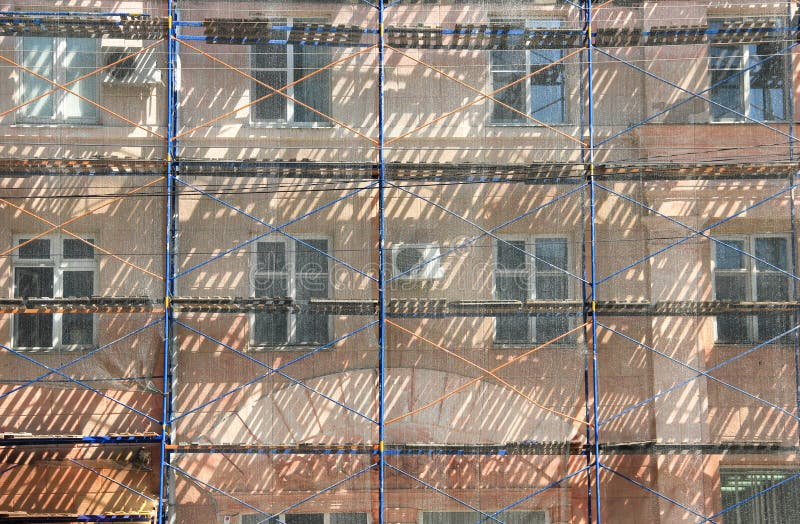 Wall of Historic Building with Scaffolding, Covered with Grid Stock ...