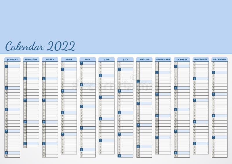 Wall Horizontal Calendar for Year 2022 in a Simple Month Columns Design ...