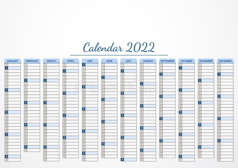 Wall Horizontal Calendar for Year 2022 in a Simple Month Columns Design ...