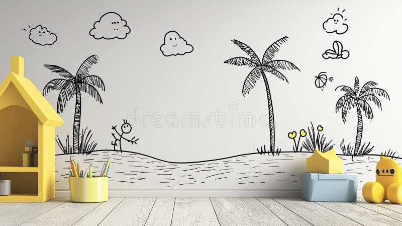 Wall for Kids Drawing, Outline Black Drawing on it Stock Image - Image ...